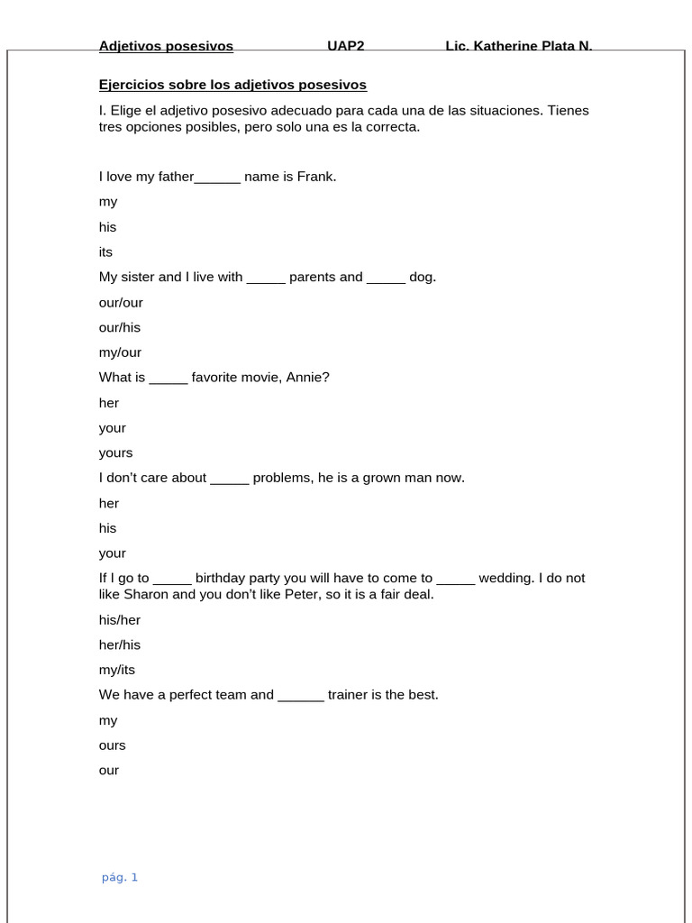 Ejercicios Sobre Los Adjetivos Posesivos | PDF