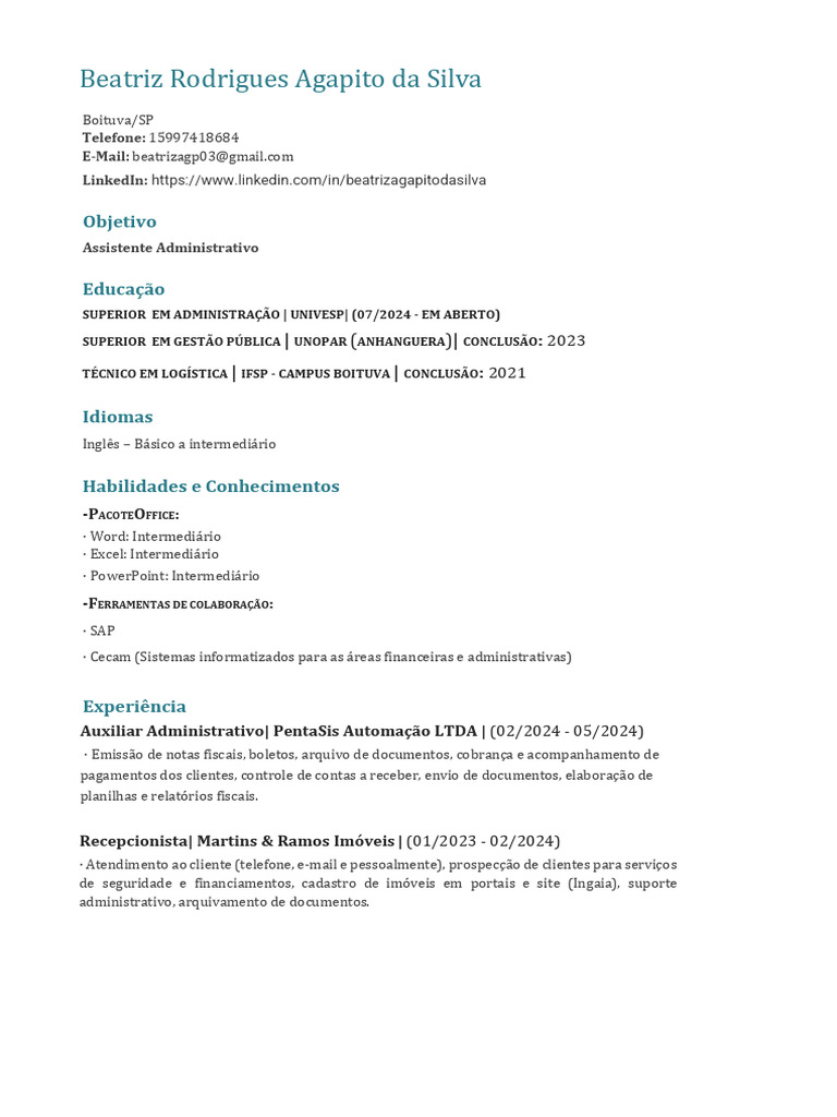 CV Beatriz Agapito - Assistente Administrativo | PDF