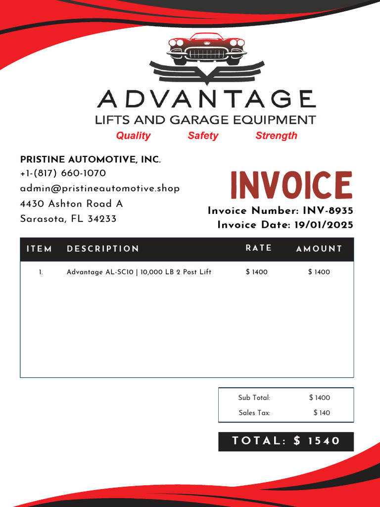 Car Invoice for AL-SC10 Lift | PDF