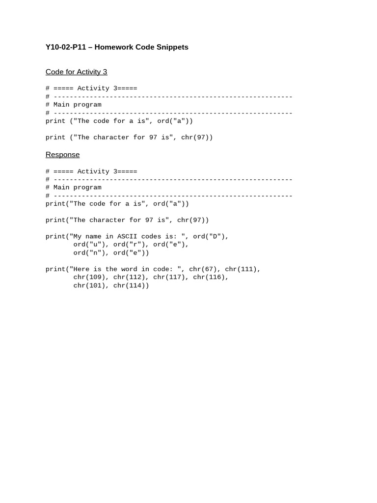 Homework Code Snippets for Activity 3 | PDF