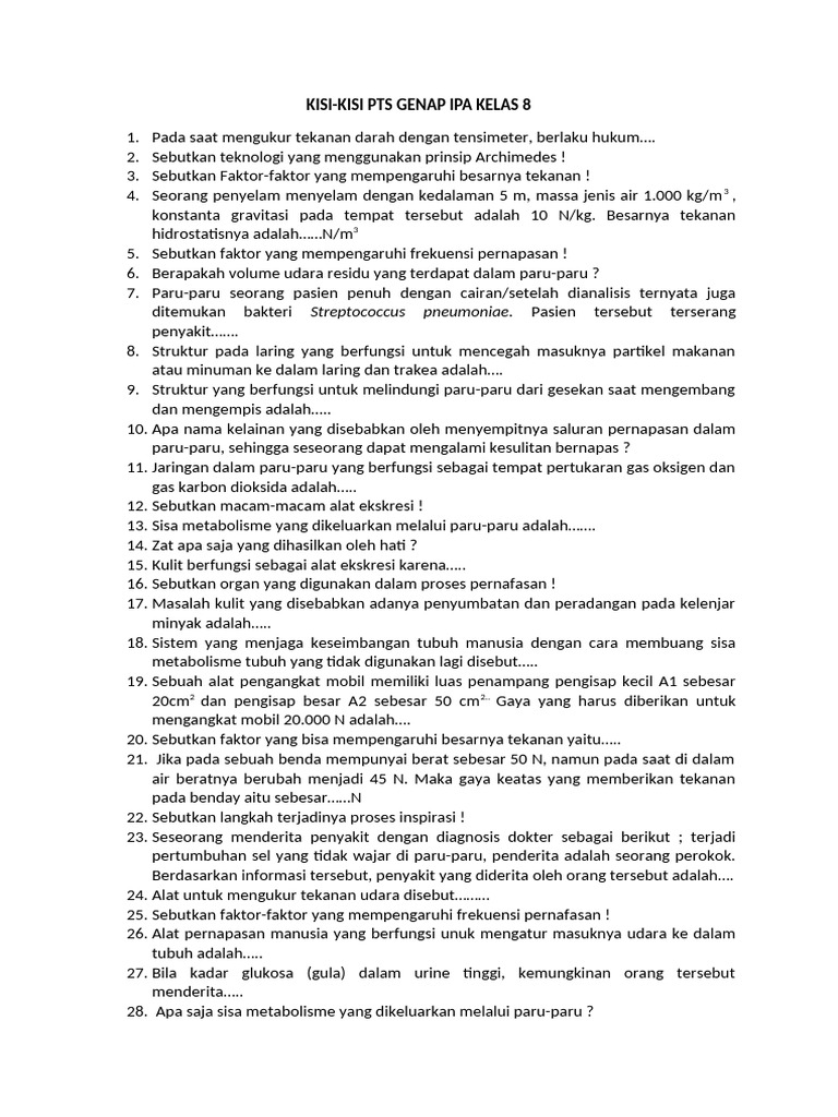 Kisi-Kisi PTS Genap IPA Kelas 8 | PDF