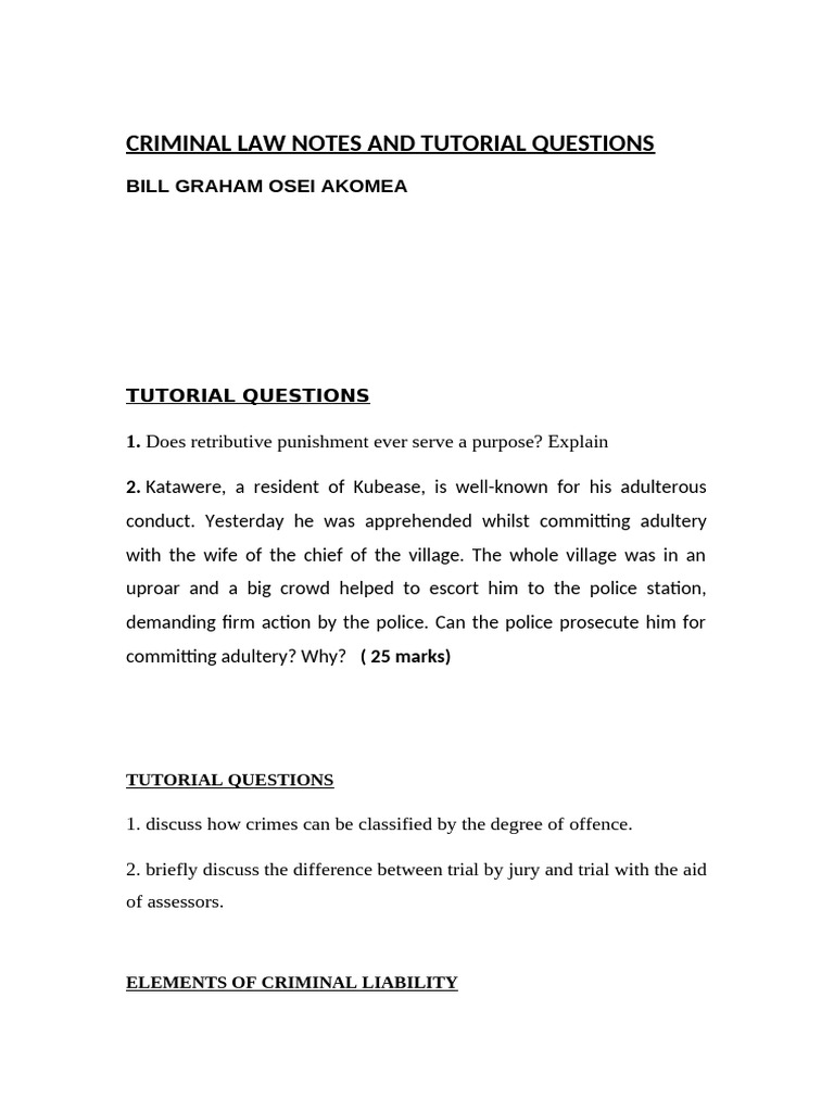 Criminal Law Notes and Tutorial Questions | PDF | Mens Rea | Crimes