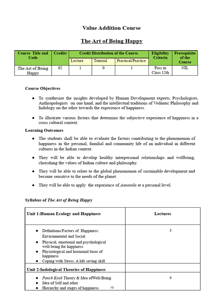 VAC - The Art of Being Happy Syllabus | PDF | Happiness | Well Being