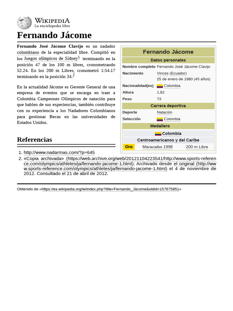 Fernando Jácome: Nadador Colombiano | PDF