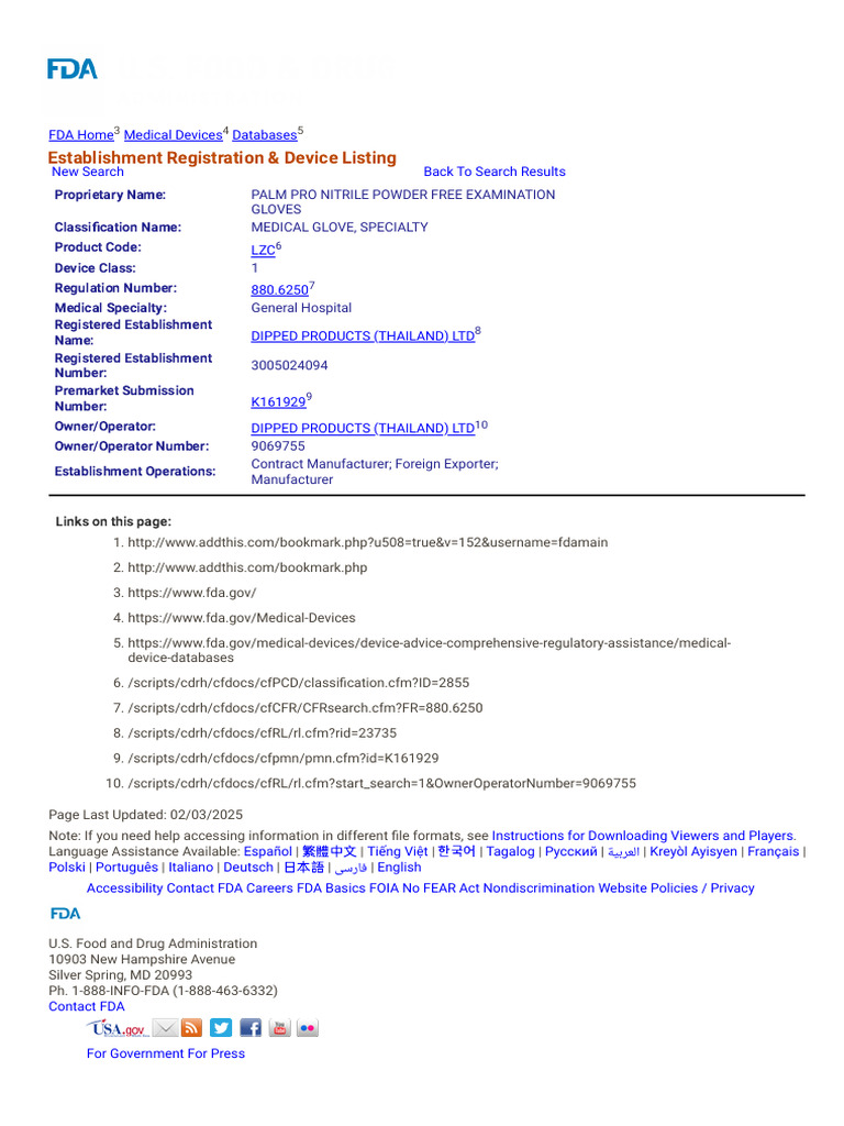 FDA Device Listing for Palm Pro Gloves | PDF