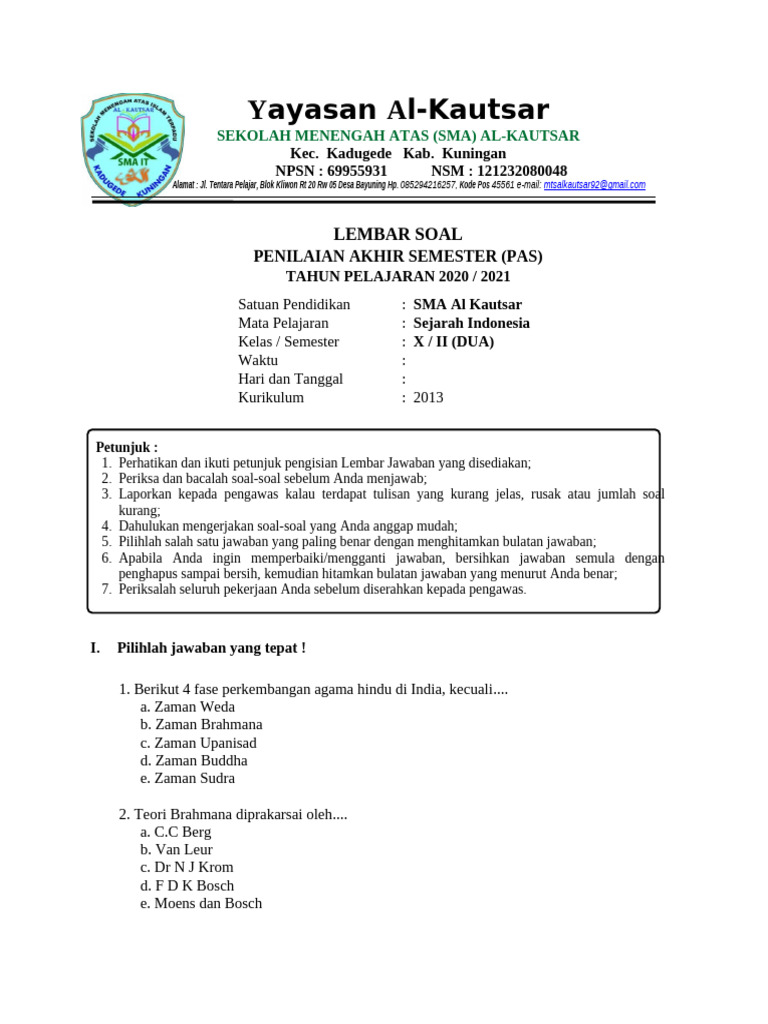 Soal Pas Sejarah Indo Kelas X Semester 2 | PDF
