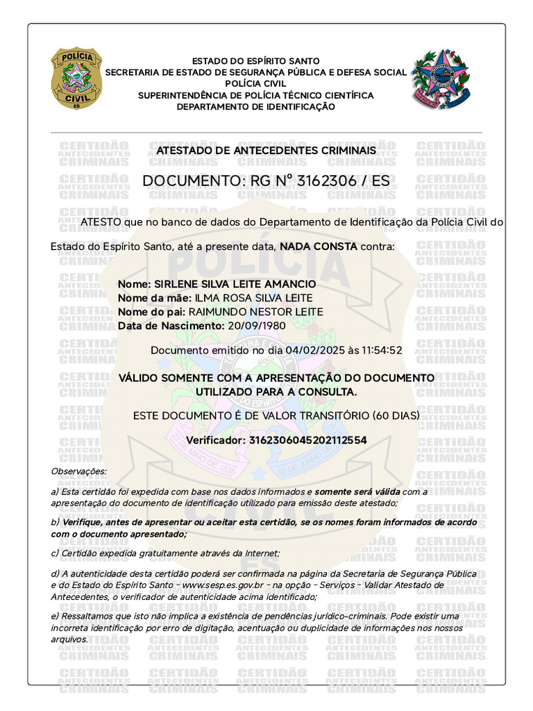 Atestado de Antecedentes Criminais ES | PDF
