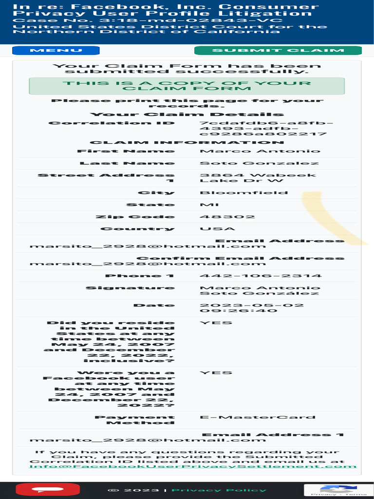 Facebook Privacy Claim Confirmation | PDF