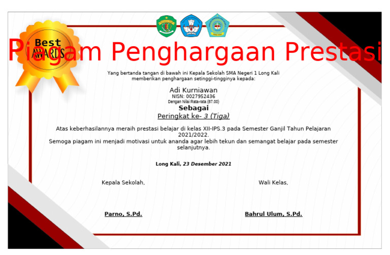 Piagam Penghargaan Peringkat Kelas Semester Ganjil 2021 | PDF