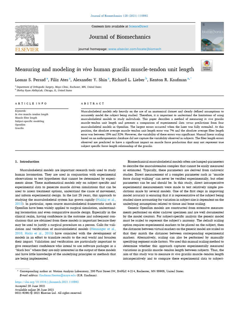 Measuring and Modeling in Vivo Human Gracilis Muscle-Tendon Unit Length ...
