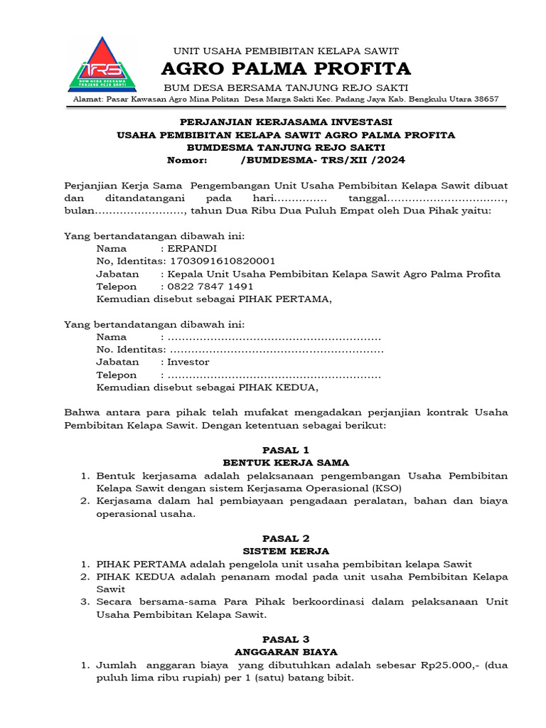 PERJANJIAN KERJASAMA INVESTASI PKS_2 | PDF