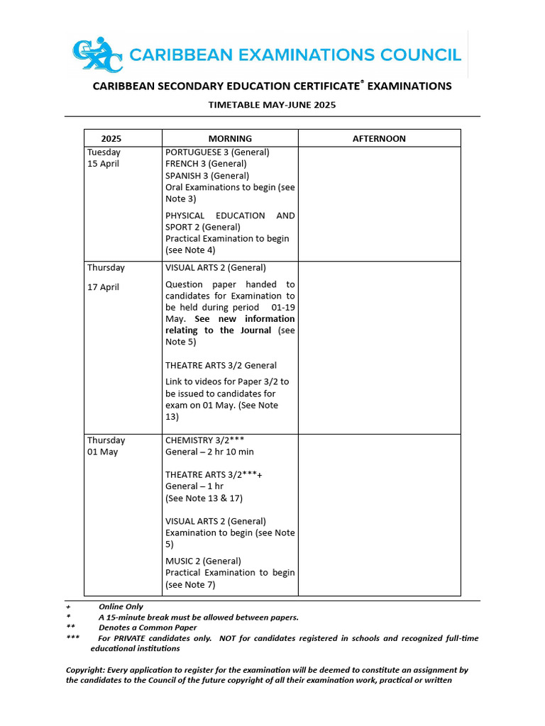 Timetable CSECMay June2025 FINAL - 29january2025 | PDF | Science ...