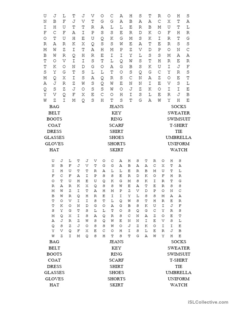 Clothes and Accessories Word Search | PDF | Human Appearance | Uniforms