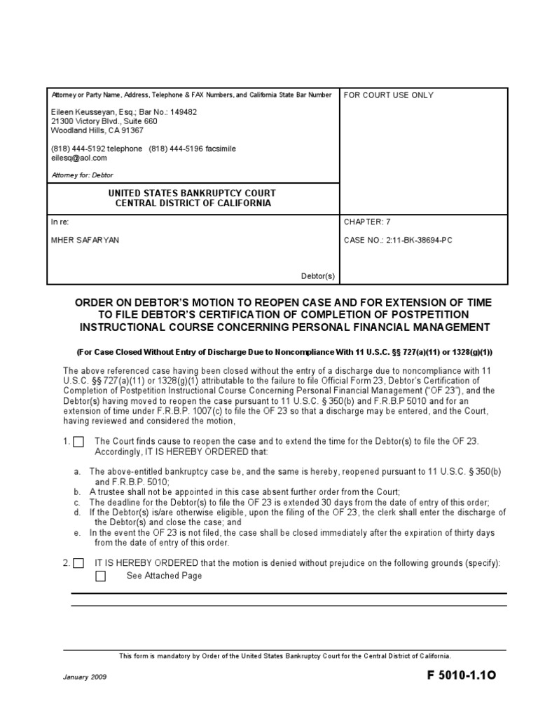 Order On Motion To Reopen Case | PDF | Bankruptcy | Social Institutions