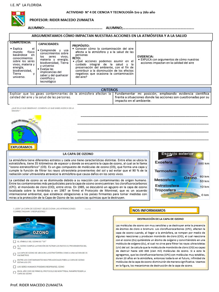 Actividad 4 Ct-Pra-1ro y 2do Año | PDF | Ozono | Clorofluorocarbono