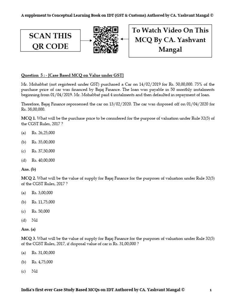 Case Study Based MCQ 5 Value Under GST | PDF