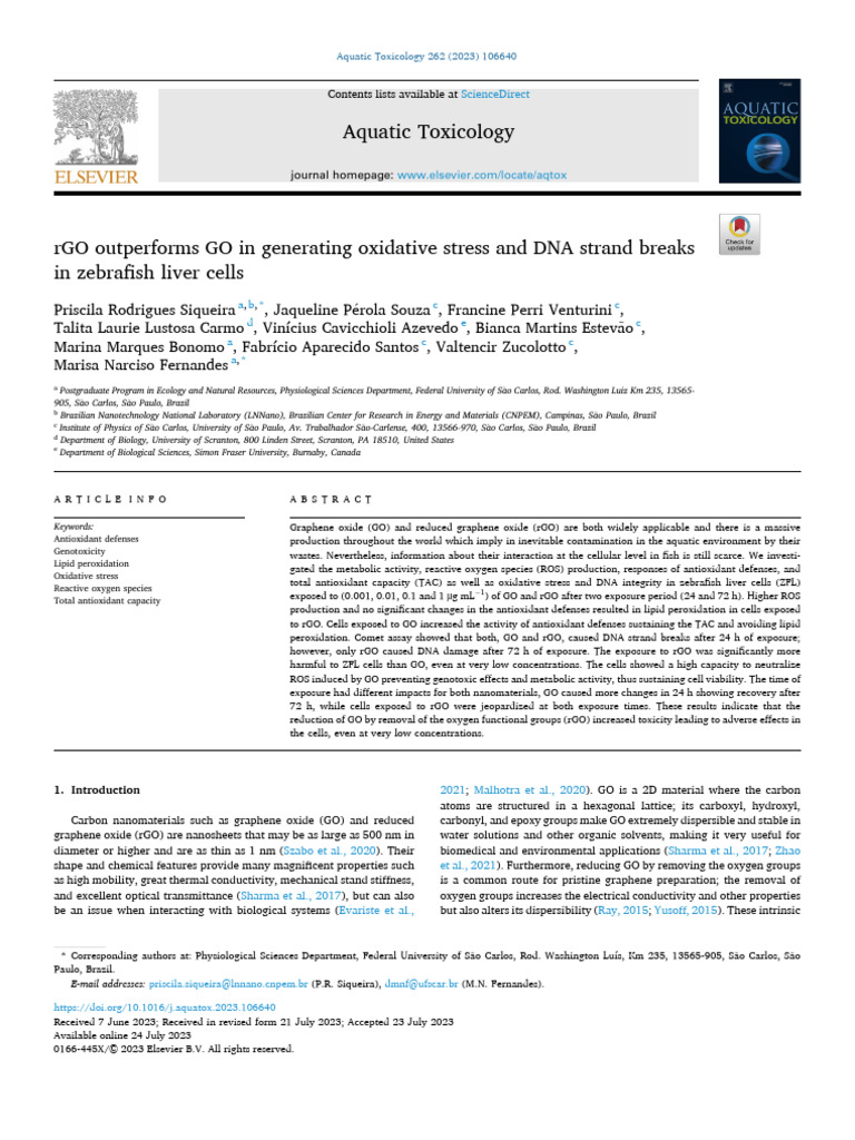 rGO Outperforms GO in Generating Oxidative Stress and DNA Strand Breaks ...