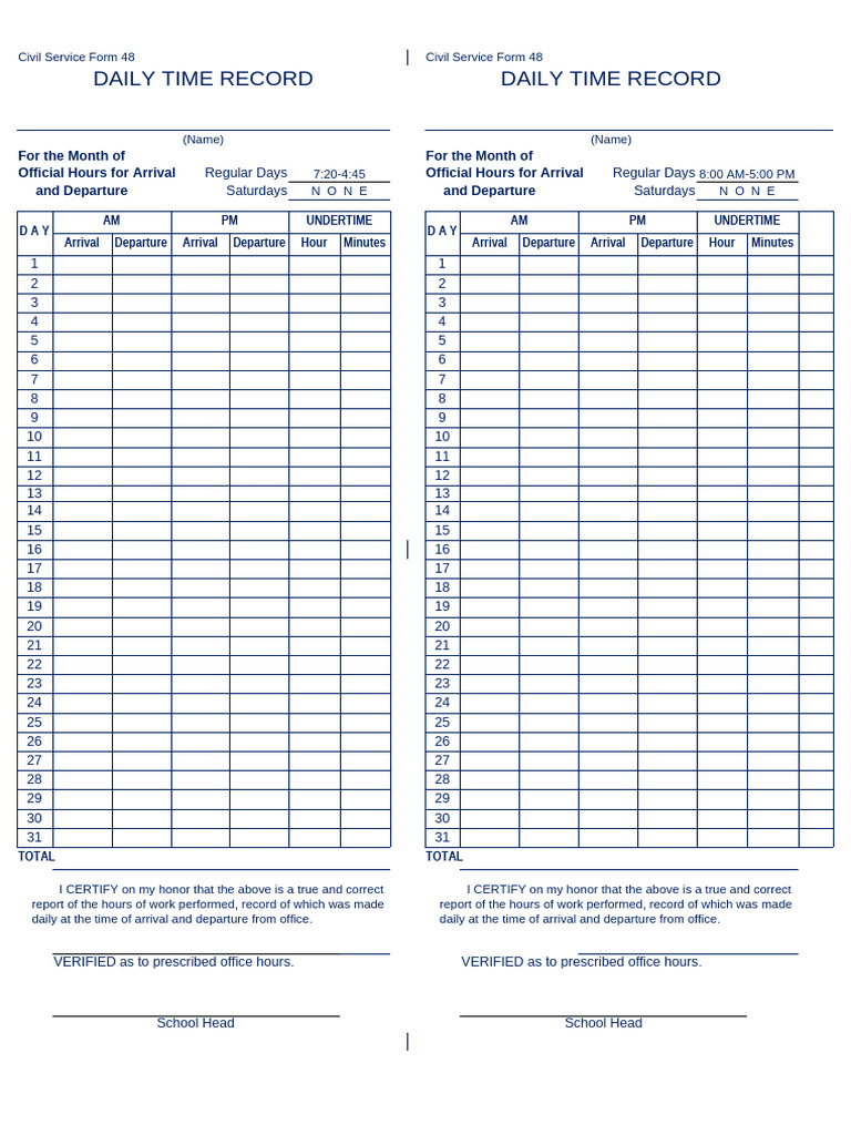 Civil Service Daily Time Record Form | PDF