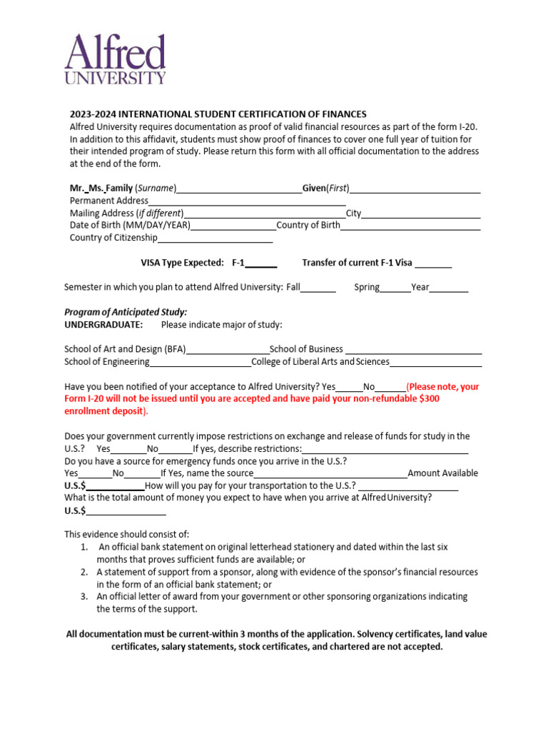 International Student Certification of Finances Undergraduate | PDF ...