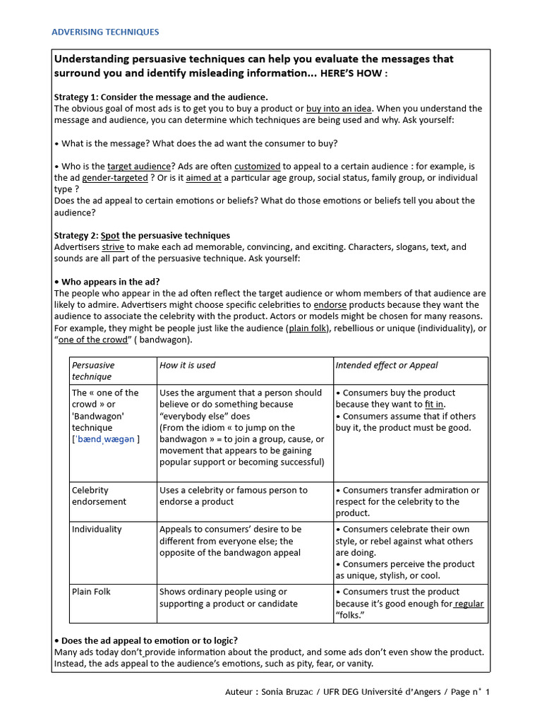 Analyzing Persuasive Advertising Techniques | PDF | Persuasion ...