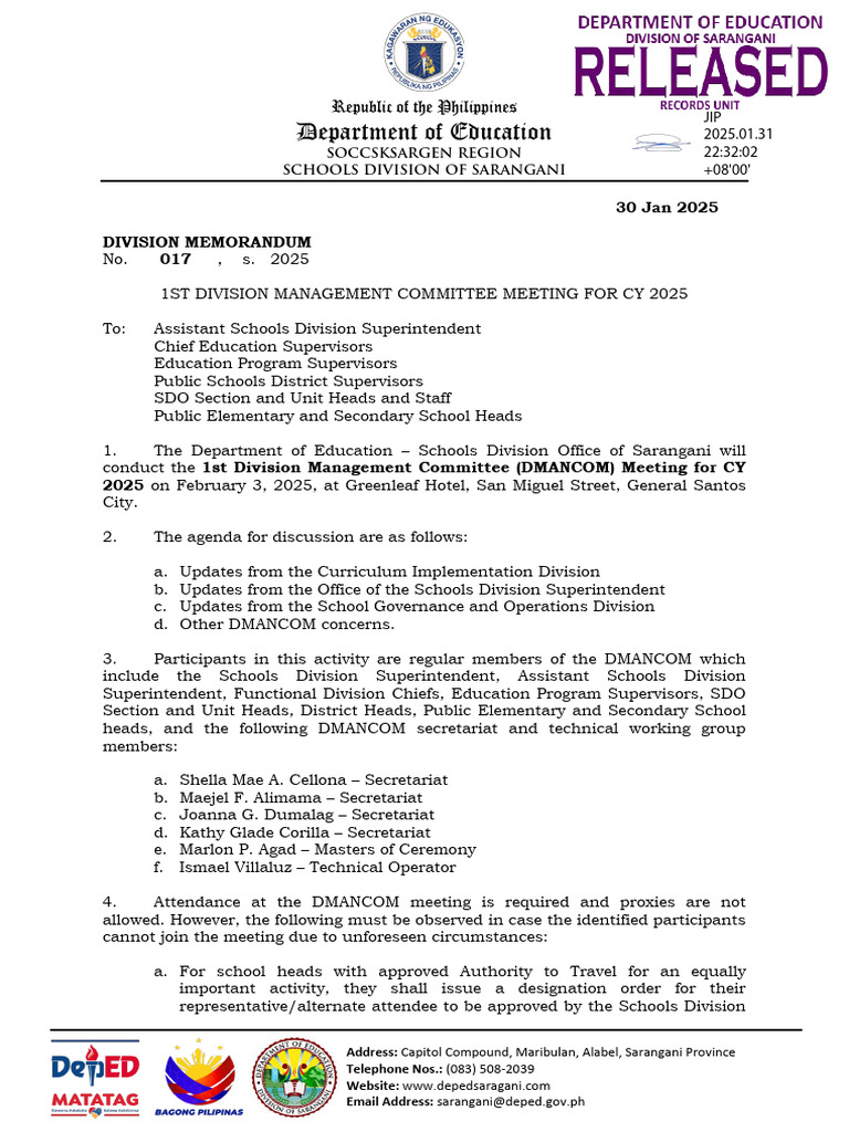 DM 017 2025 1st Division Management Committee Meeting For Cy 2025 | PDF ...