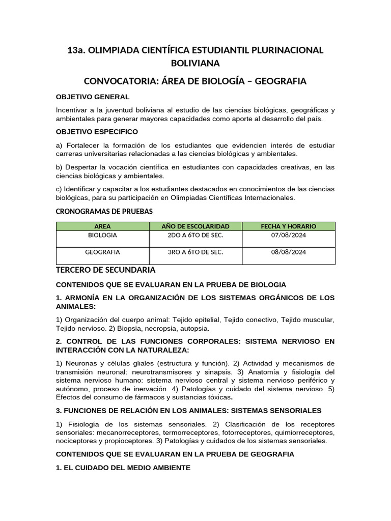 13ra Olimpiada Cientifica Biologia-Geografia | PDF | Sistema nervioso | Biología Celular)