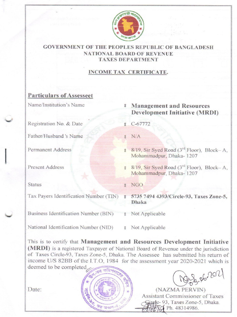 11. MRDI Income Tax Certificate AY 2020 2021 | PDF