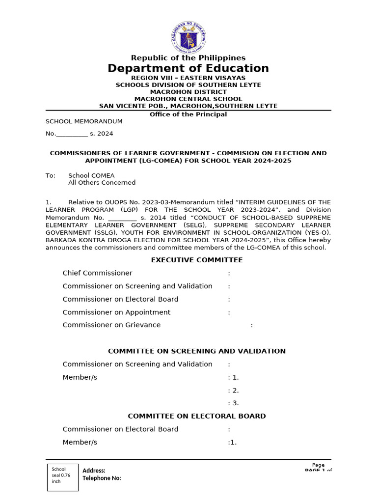 a1. Enclosure I_School Memorandum LG COMEA | PDF | Elections | Government