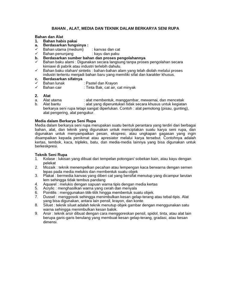 Bahan, Alat, Media Dan Teknik Berkarya Seni Rupa 2 Dimensi | PDF