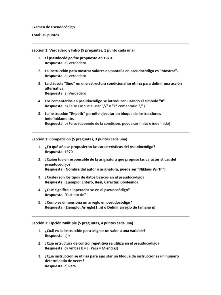 Examen de Pseudocódigo: Preguntas y Respuestas | PDF