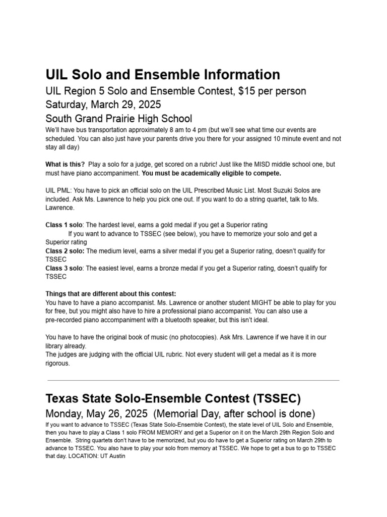 UIL Region 5 Solo & Ensemble Contest 2025 | PDF | Musical Compositions ...