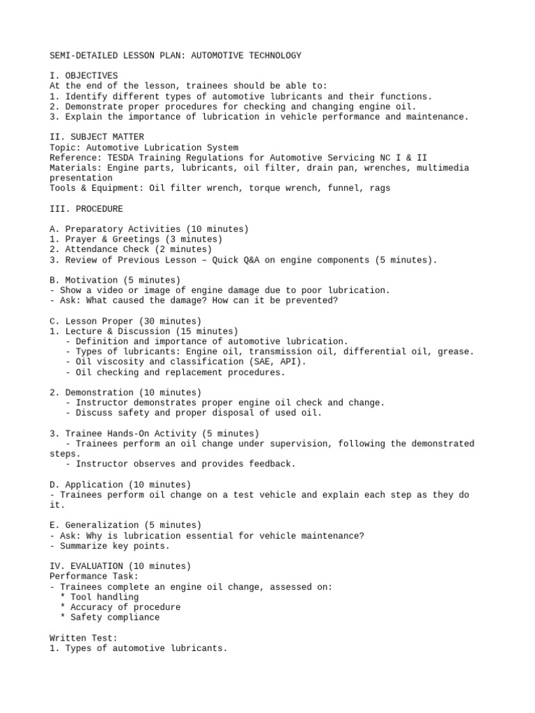 Semi-Detailed Lesson Plan Automotive Technology | PDF