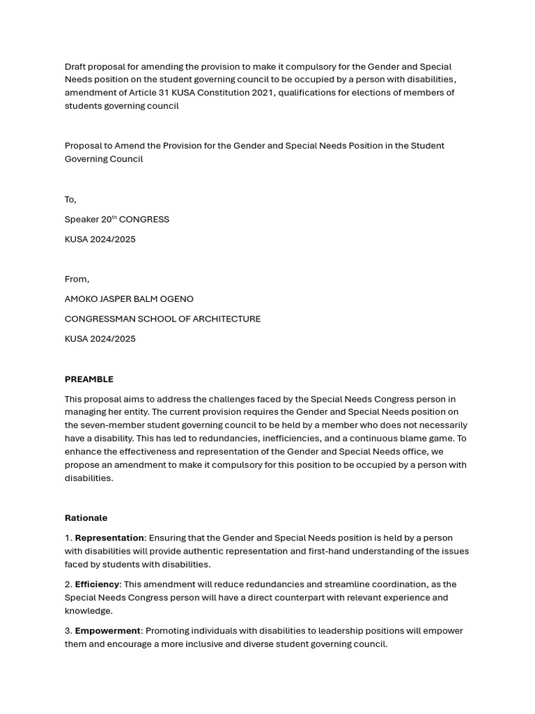 Proposal To Amend The Provision For Gender and Special Needs Position ...