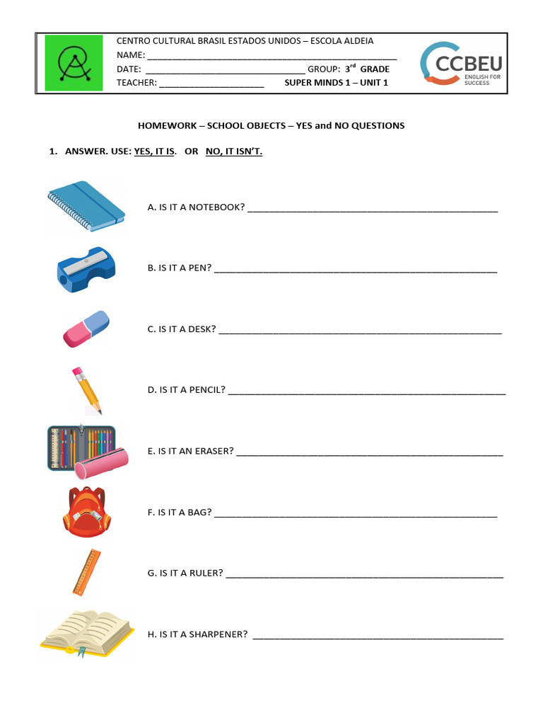 U.1 - HW - School Objects - Yes No Questions | PDF