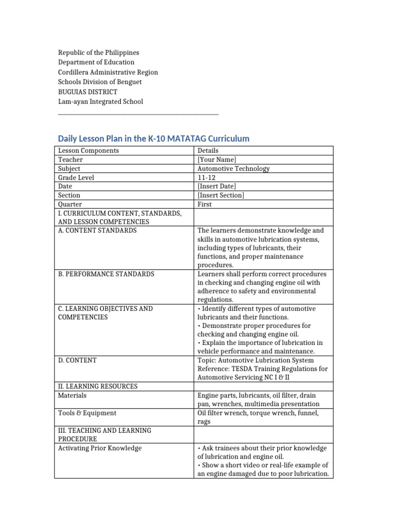 DLP Automotive Lubrication Table Format MATATAG | PDF | Motor Oil ...