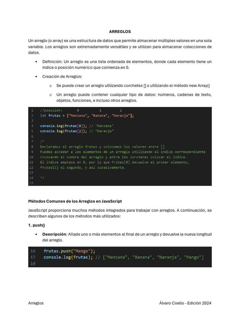 Métodos Esenciales de Arreglos en JavaScript | PDF | Programación de computadoras | Ingeniería ...