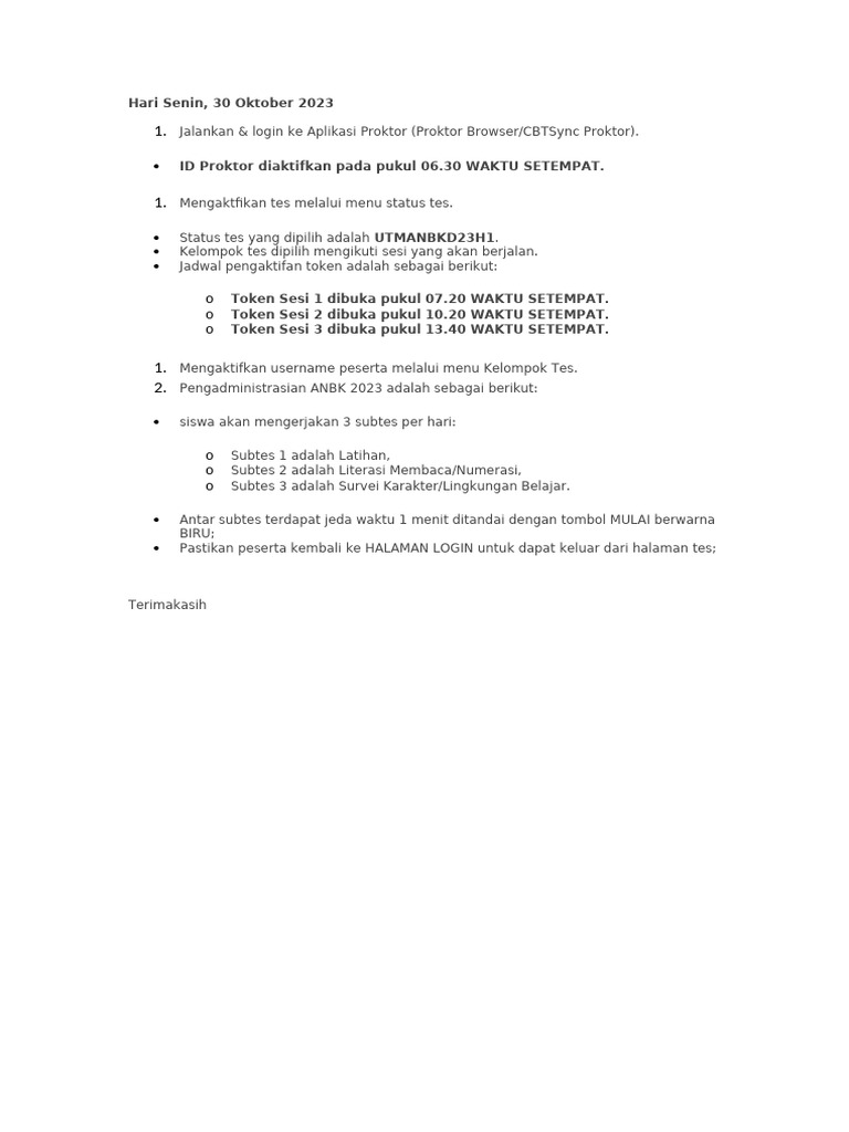 Jadwal Token ANBK Sesi 1-3 | PDF