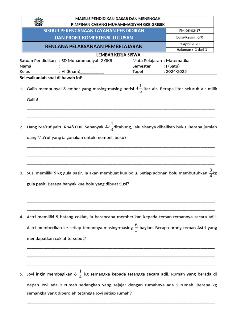 LKS Kelas 6 Pembagian Pecahan | PDF