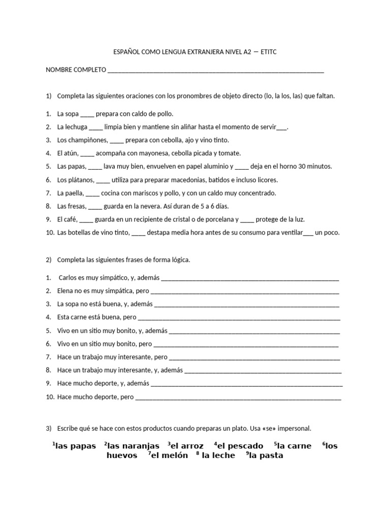 Español Como Lengua Extranjera Nivel A2 | PDF | Sopa | Caldo