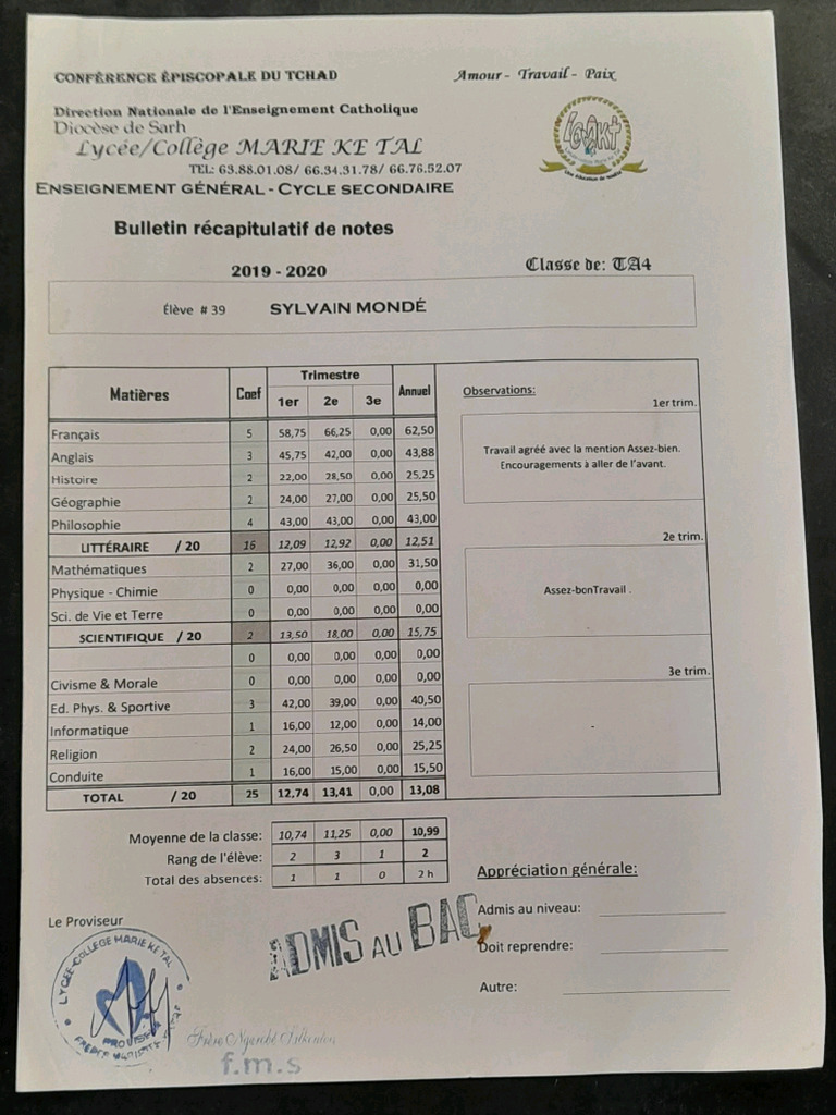 Sylvain Mondé, les bulletins de deux dernières années scolaires au secondaire | PDF