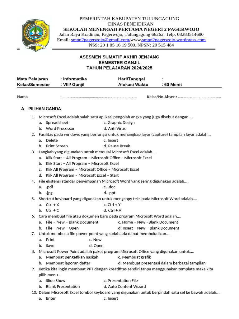 Soal Informatika 8 SMT 1 | PDF
