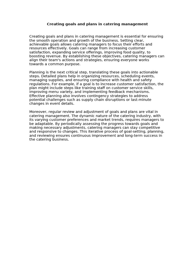 Creating Goals and Plans in Catering Management | PDF