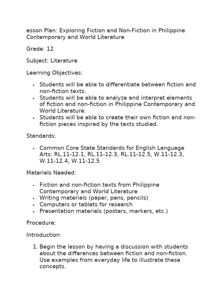 Lesson Plan Fiction and Non Fiction | PDF | Lesson Plan | Non Fiction