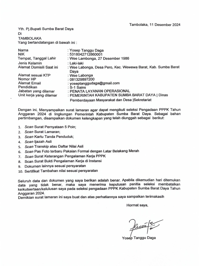 Surat Lamaran Yosep | PDF