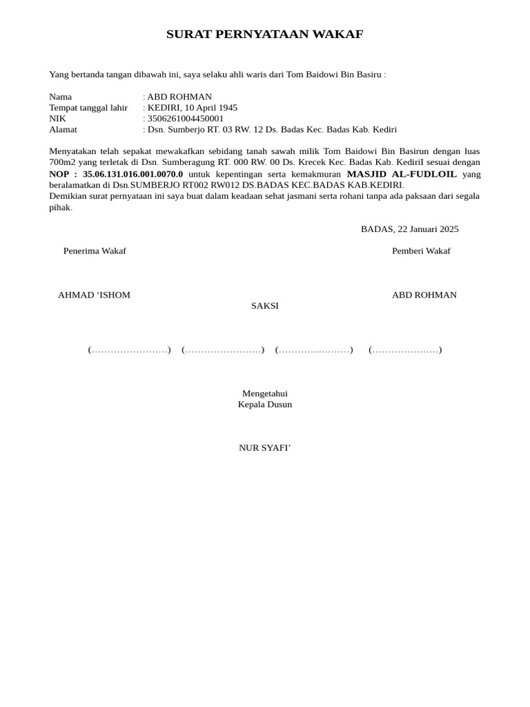 Surat Wakaf Tanah untuk Masjid Al-Fudloil | PDF
