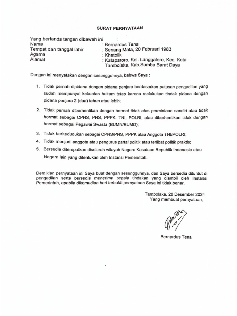 Surat Pernyataan BP Tonli | PDF