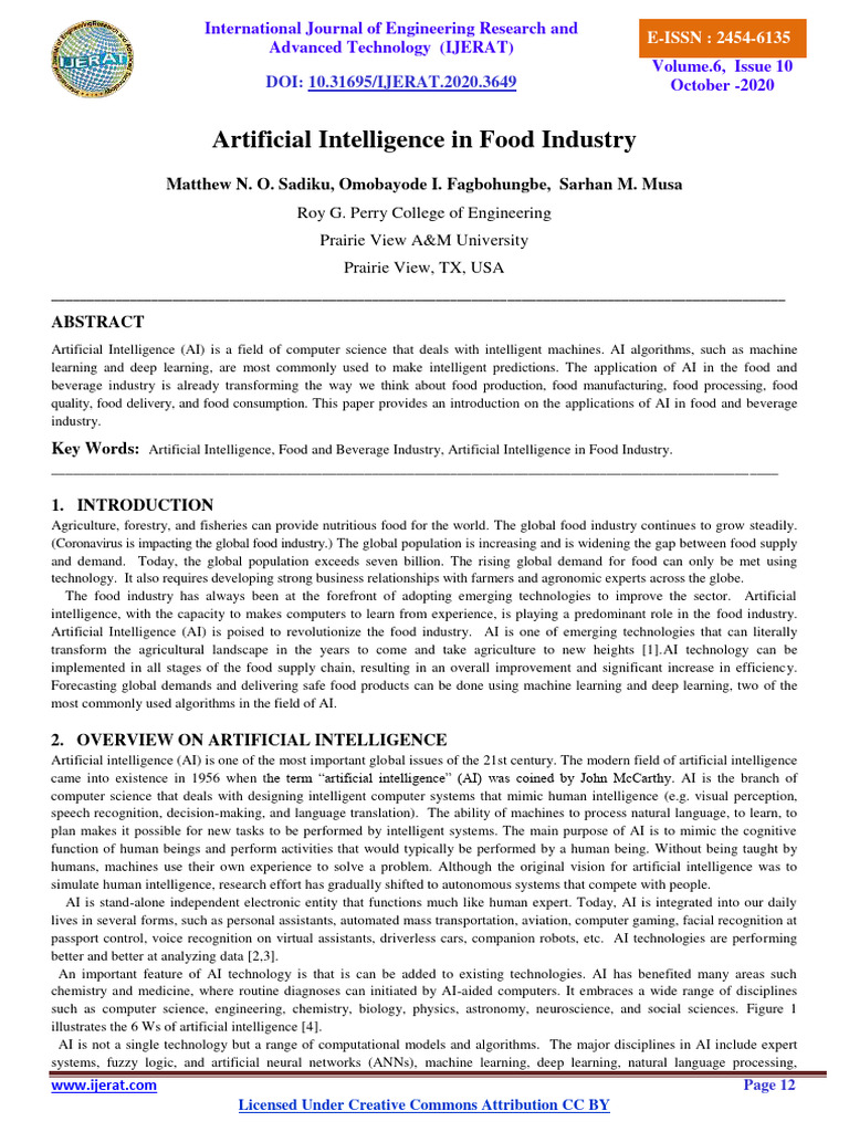 AI Applications in Food Industry | PDF | Machine Learning | Artificial ...