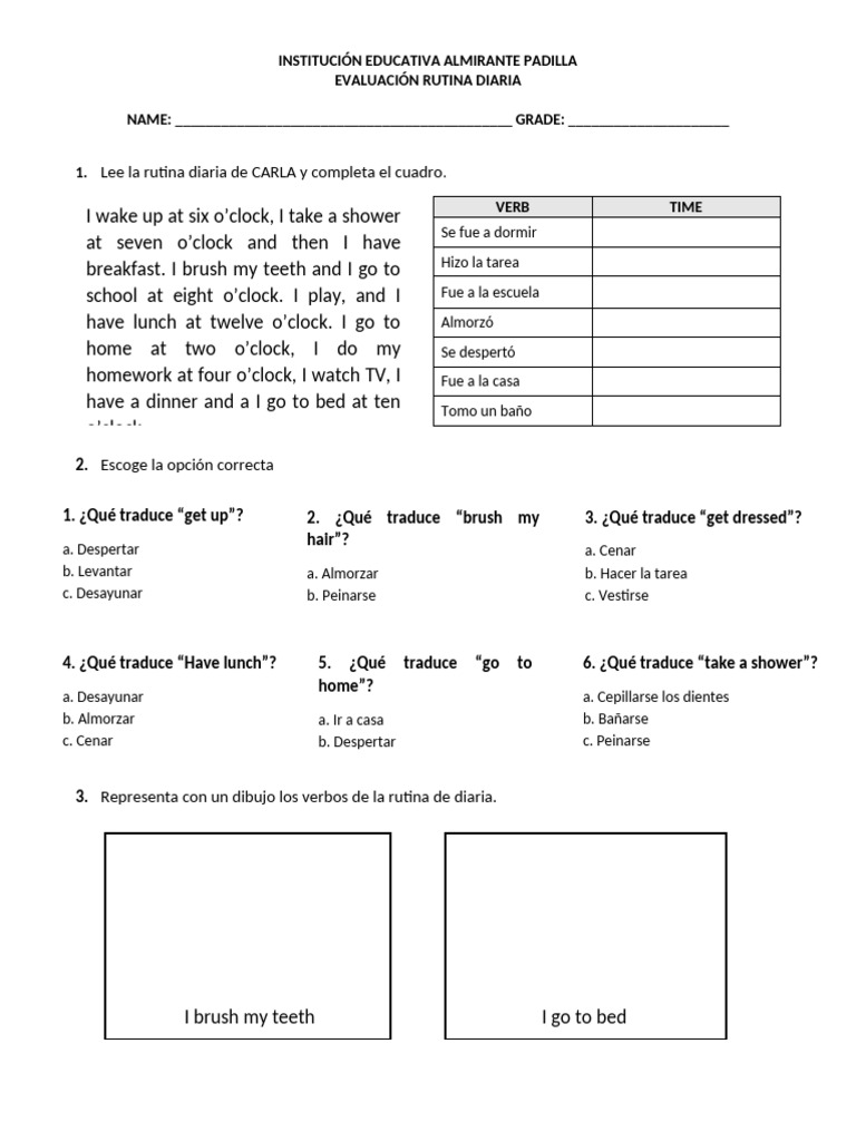 Evaluación de Rutina Diaria en Inglés | PDF