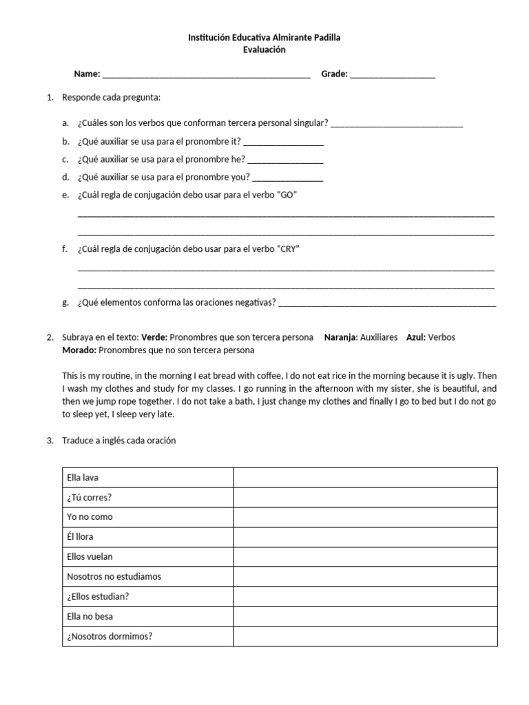 Prueba Presente Simple | PDF