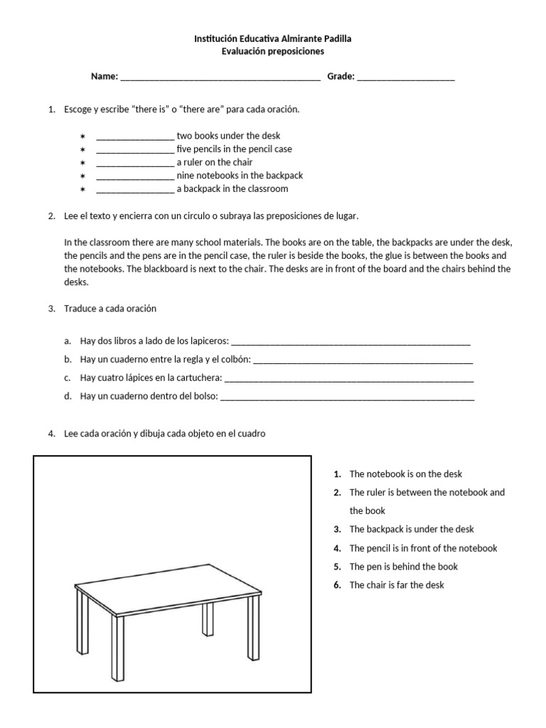 Prueba Preposiciones | PDF